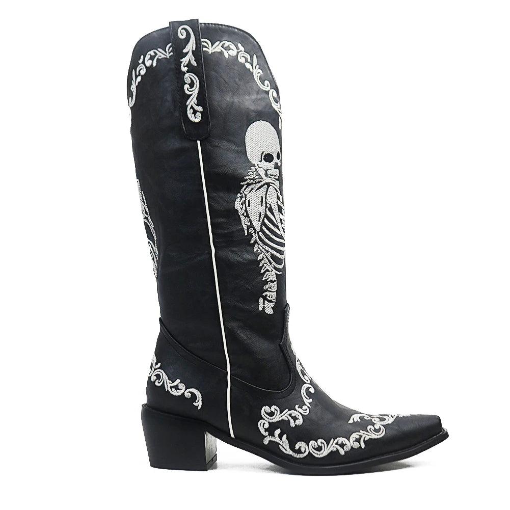 Skeleton Selfie Western Mid Calf Pointed Toe Boots