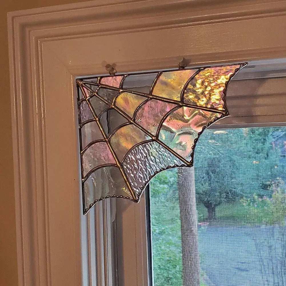 Spider Web Stained Glass Corner Decor – Halloween Window & Door Top Wa