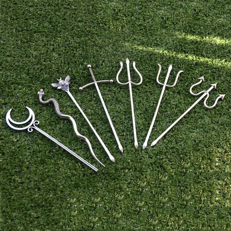Vintage Hair Pins Crescent Moon Snake Sword Skull Witch